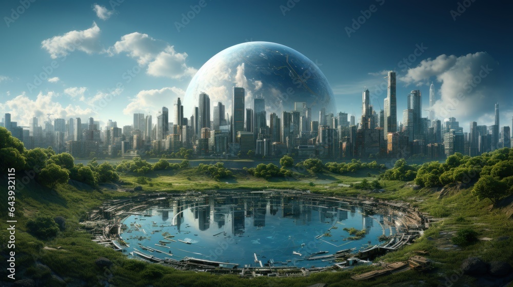 Symbolic 3D image of the globe with elements of human activity and ...