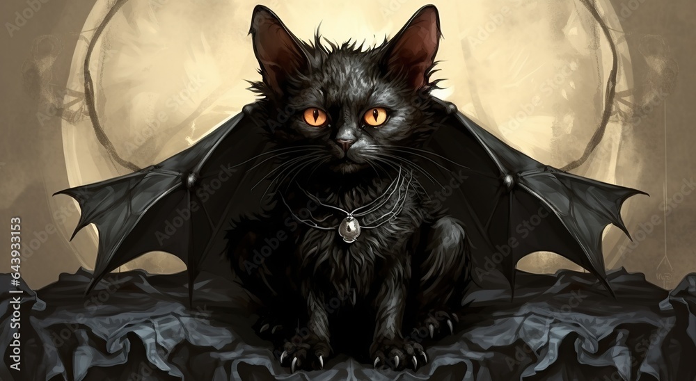 On a spooky halloween night, a mysterious black cat with eerie bat ...