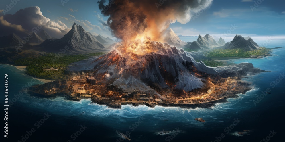 Volcano in the Ocean with a Small Island Atop, Depicted in ...