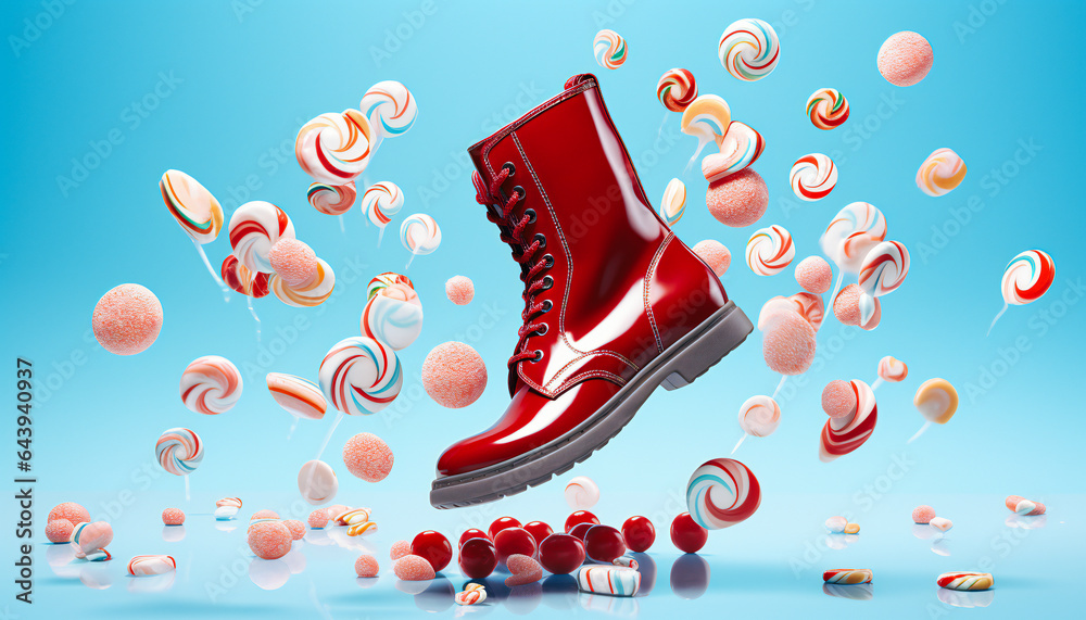 christmas red boot with gifts and candy in light blue background ...