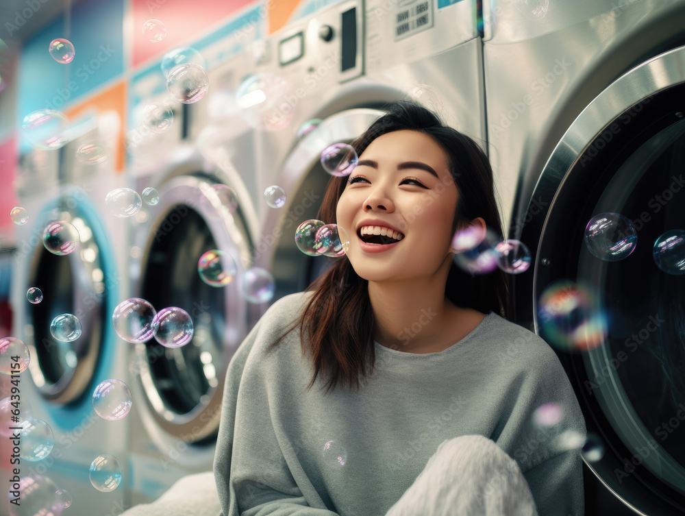 Asian girl doing laundry at a laundromat, bubbles in the air, happy and fun atmosphere Stock ...
