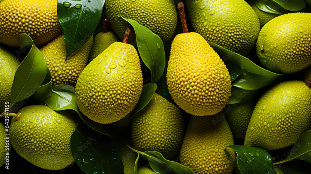 pile of fresh Jackfruit fruits texture with water spots, shot from a ...