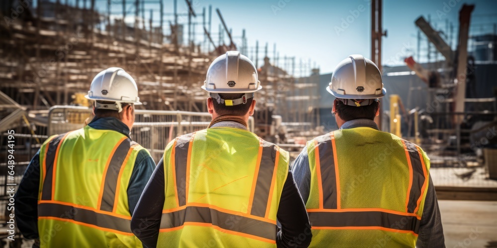 Construction Workers in Hard Hats and Safety Vests Follow Strict Safety ...