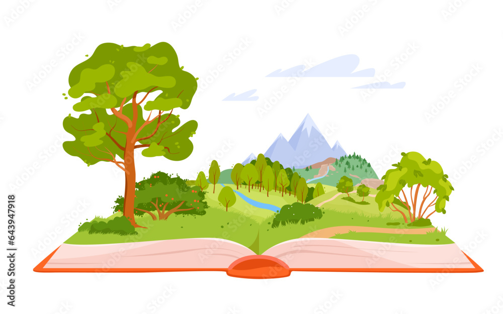 Summer fantasy story in magic book vector illustration. Cartoon ...