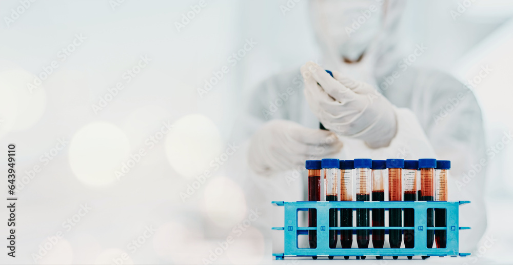 Blood test, DNA and science, scientist and banner, health and medical ...