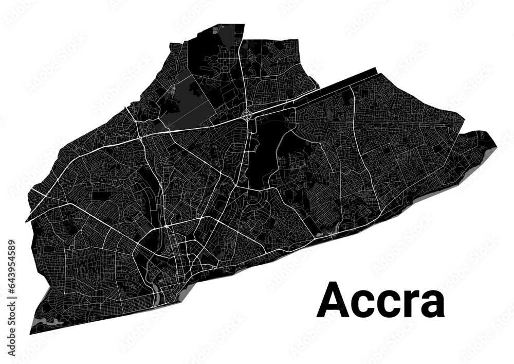 Accra, Ghana map. Detailed black map of Accra city poster with roads ...