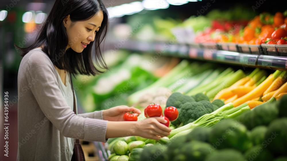 Woman chooses vegetables on the shelves at the grocery store Stock ...