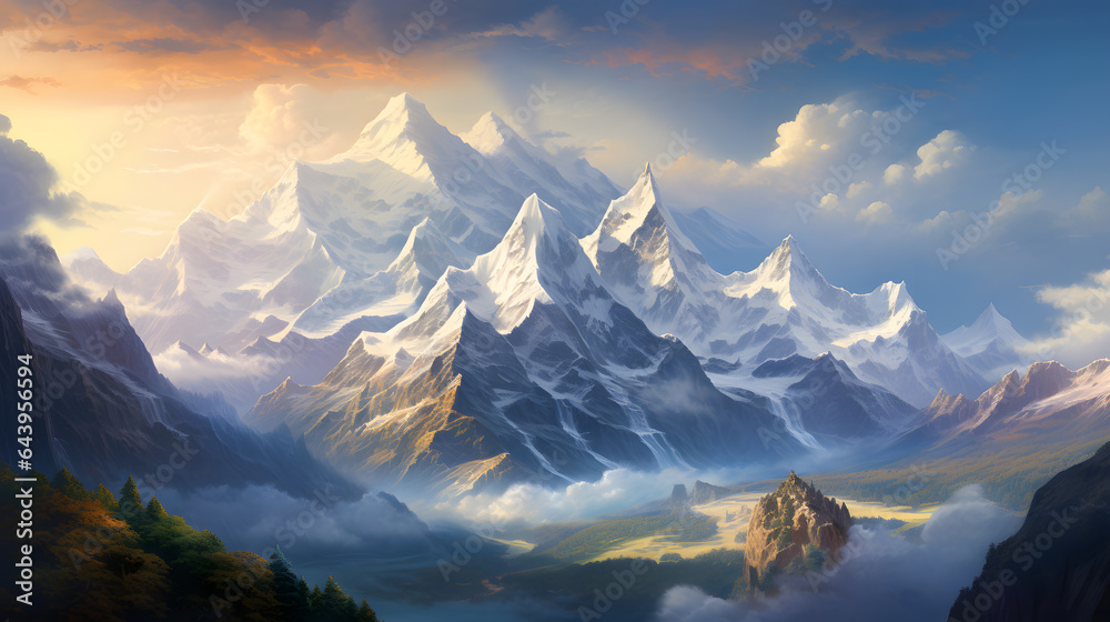 Experience the awe-inspiring grandeur of towering mountain peaks from a ...