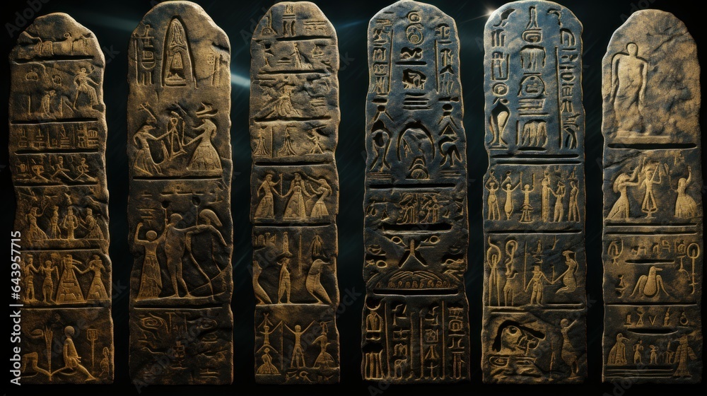 Enigmatic hieroglyphic symbols on ancient stone tablets Stock ...