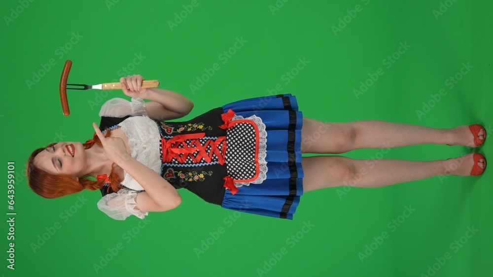 Full-size vertical green screen isolated chroma key shot of an excited ...