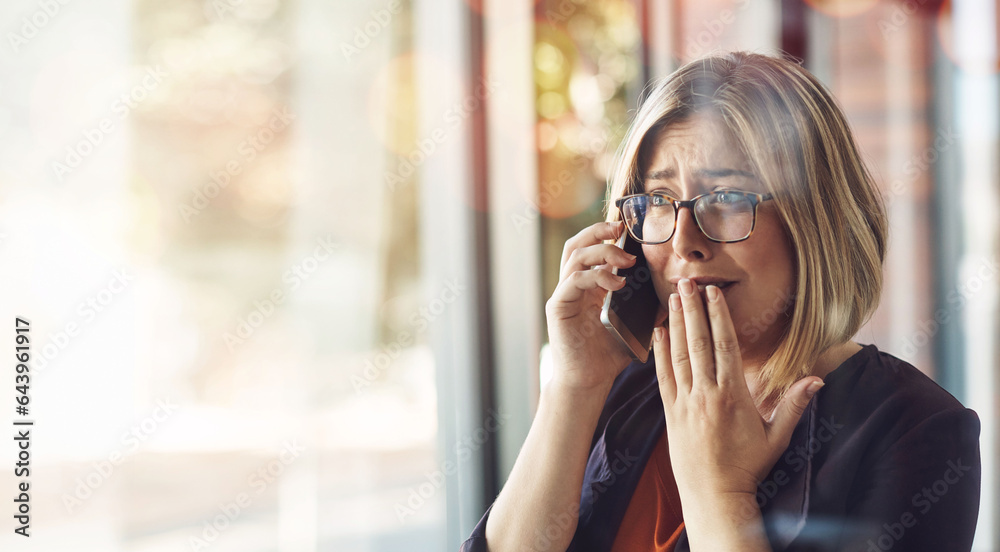 Crying, sad and a woman on a phone call at work for a business problem ...