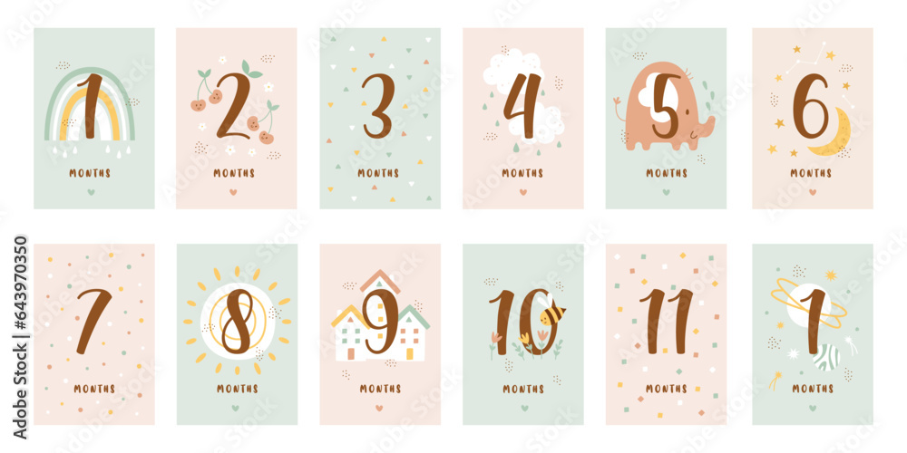 Monthly milestone cards set with number and cute childish design ...