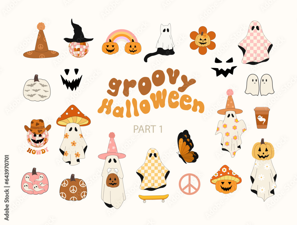 Groovy Halloween. Retro groovy Halloween cliparts. Hippie vintage style ...