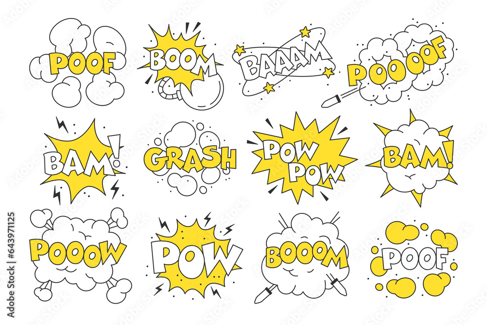 Comic book explosion retro frame with different funny lettering and ...