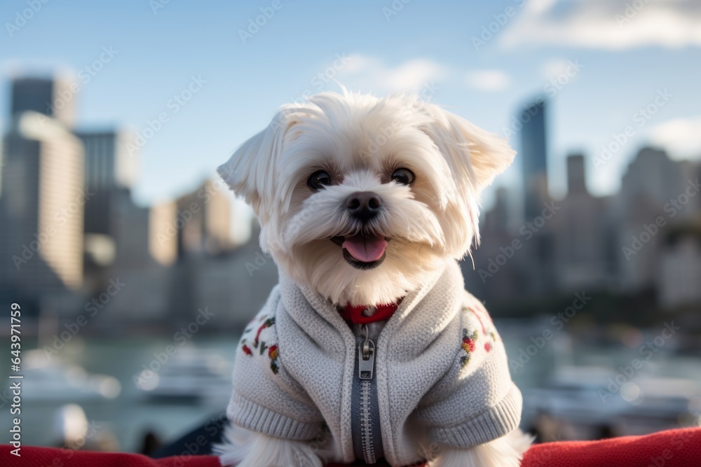 Medium shot portrait photography of a smiling maltese sitting on his ...