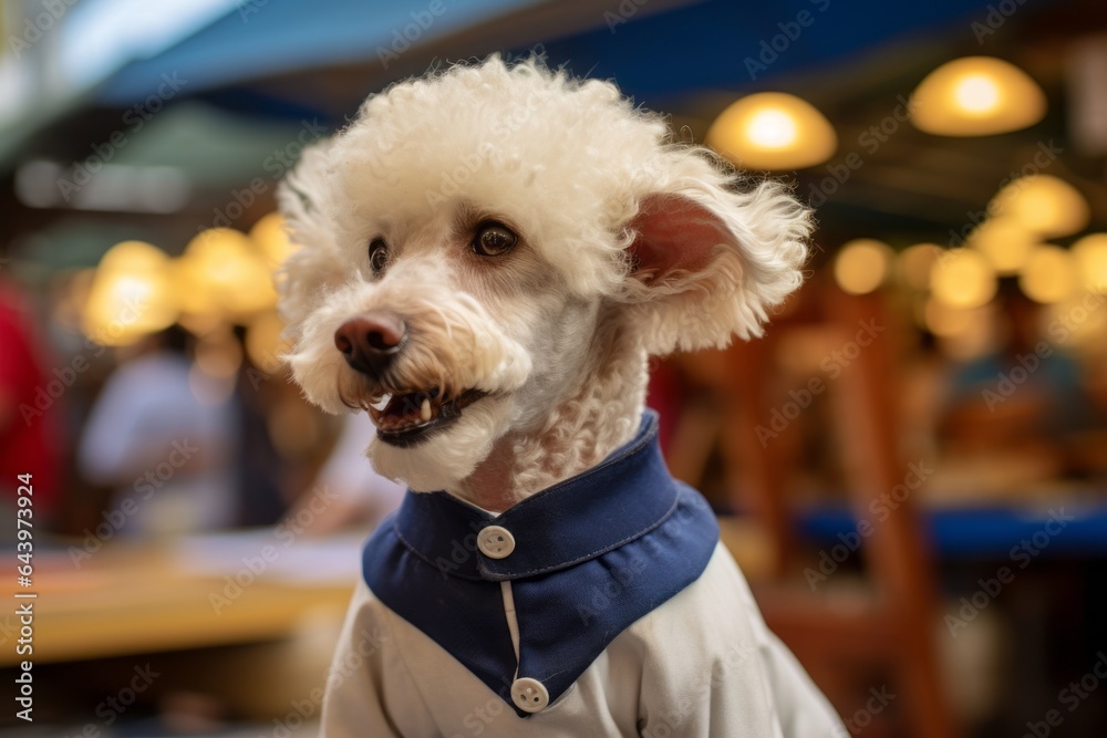 Headshot portrait photography of a cute poodle howling wearing a sailor ...