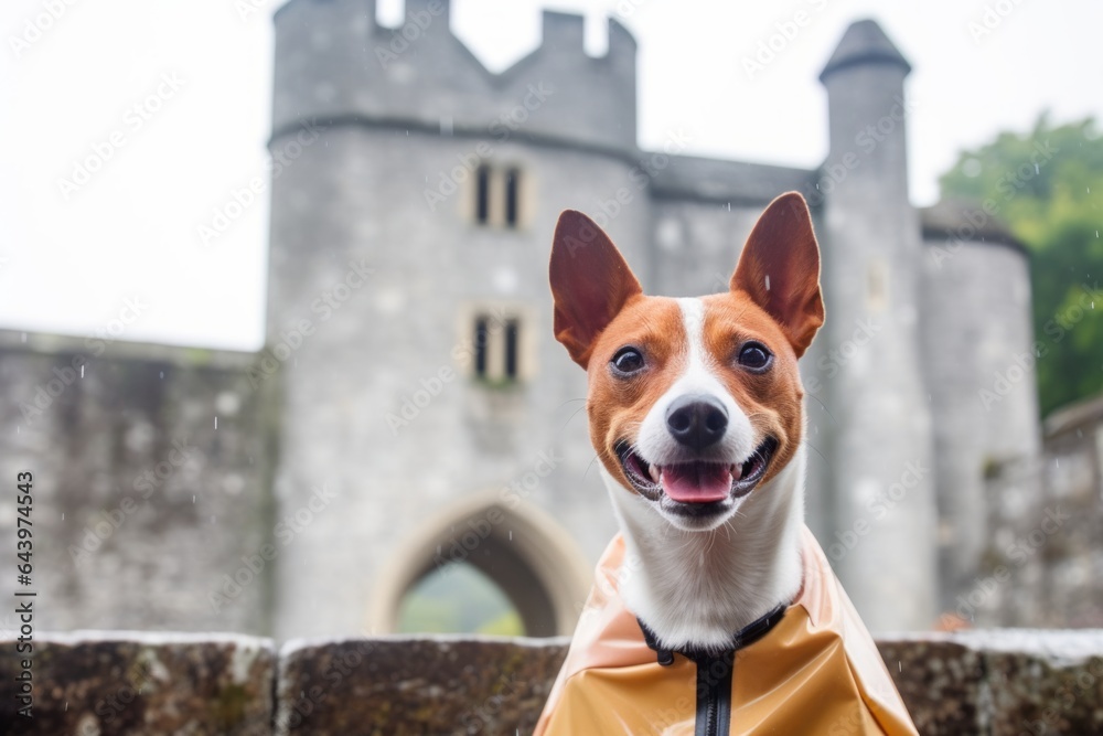 Medium shot portrait photography of a smiling basenji dog tilting head ...