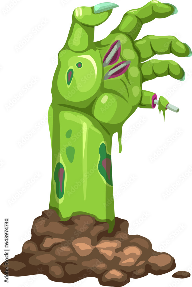 Cartoon zombie hand, decaying, green and lifeless arm, emerges from the ...
