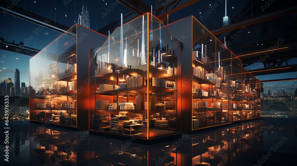 warehouse technology of the future, warehouse program, neon background ...