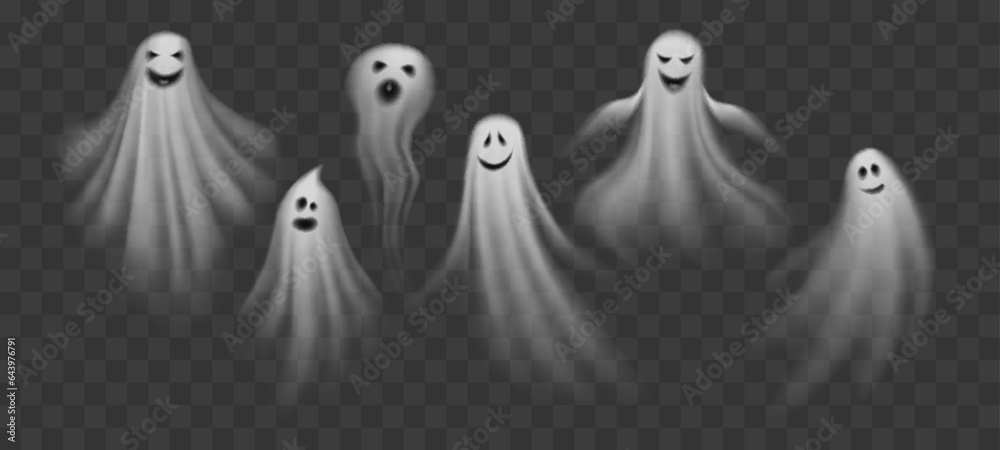 Realistic Halloween ghosts and cartoon boo poltergeist or holiday ...