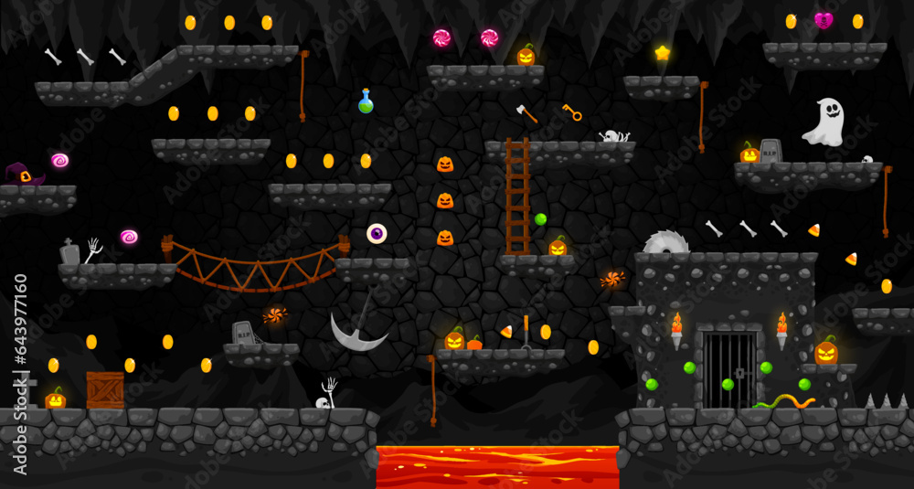Arcade Halloween horror cave landscape, game level map interface ...
