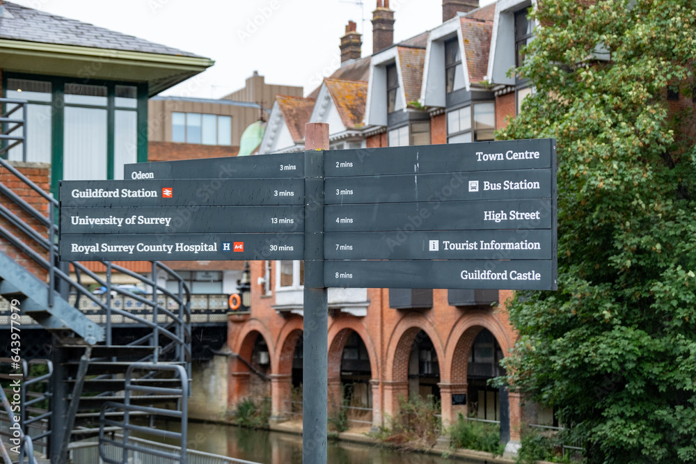 GUILDFORD, SURREY, UK: Directional sign for local landmarks around ...