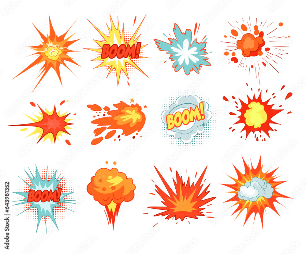 Explosion, fire flash blast, boom detonation cloud and smoke element ...