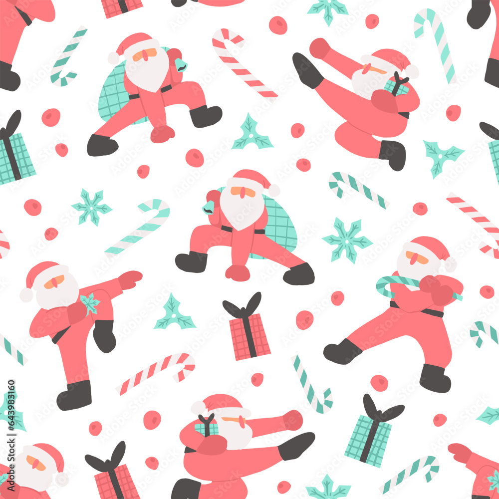 Christmas vector pattern with Santa Clauses in ninja poses, candy canes ...