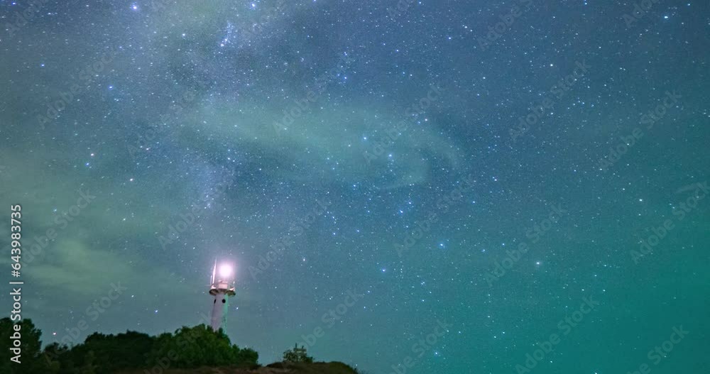 galaxy stars in starry sky Time lapse above the lighthouse shining at ...