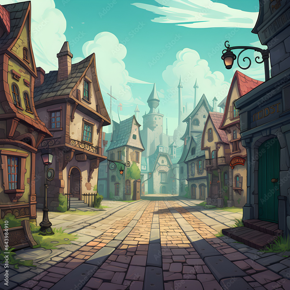 Cartoon landscape, fairy tale backdrop, draw houses, retro background ...