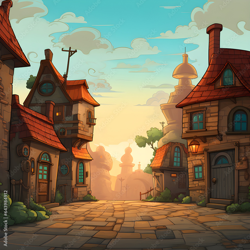 Cartoon landscape, fairy tale backdrop, draw houses, retro background ...