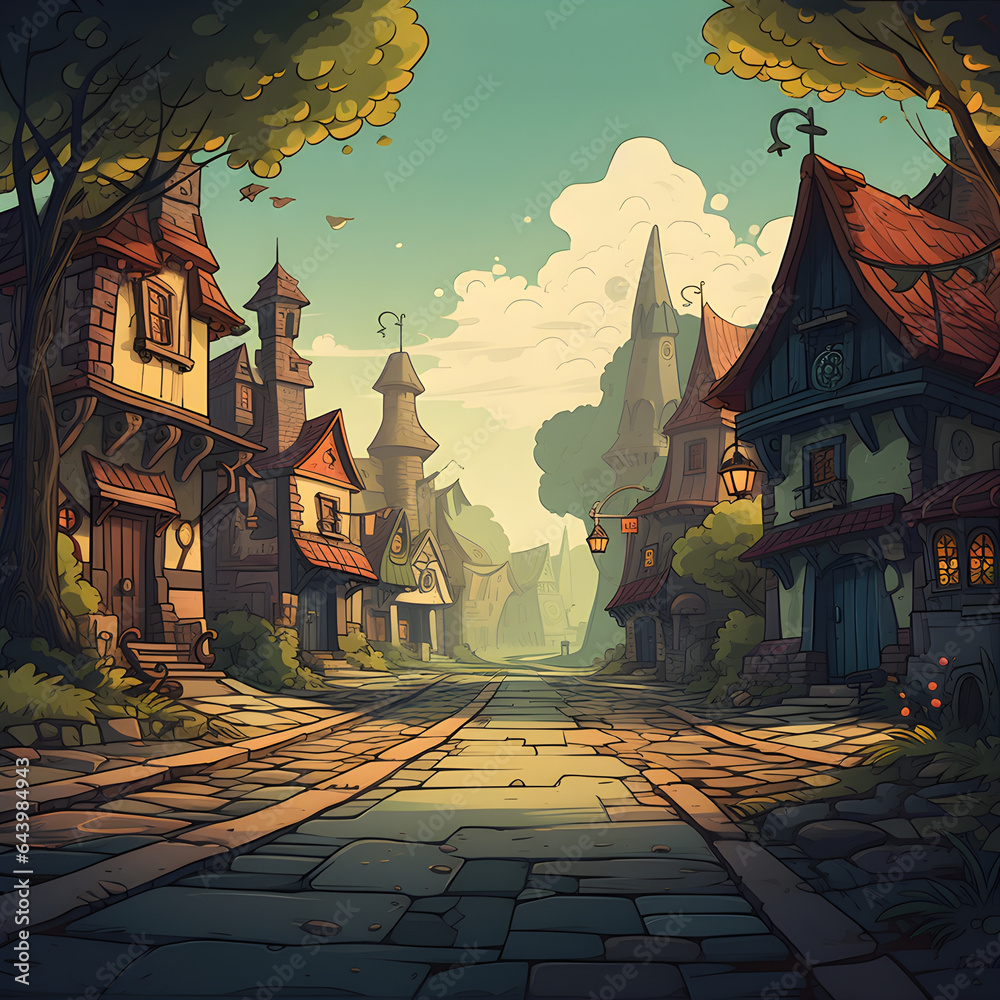 Cartoon landscape, fairy tale backdrop, draw houses, retro background ...