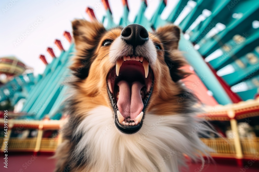 Medium shot portrait photography of a funny shetland sheepdog licking ...