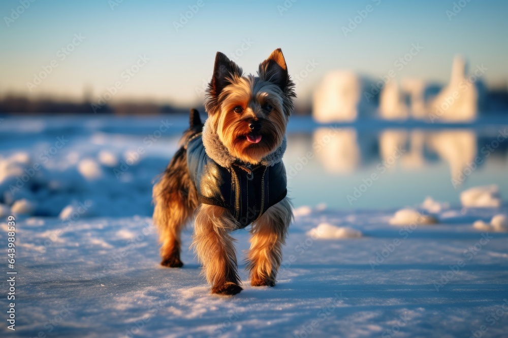 Full-length portrait photography of a happy yorkshire terrier licking ...