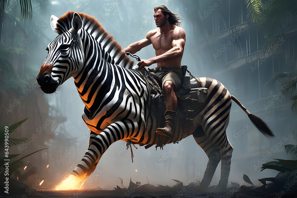 Draw a full body of Tarzan riding a zebra. Generative AI Stock ...