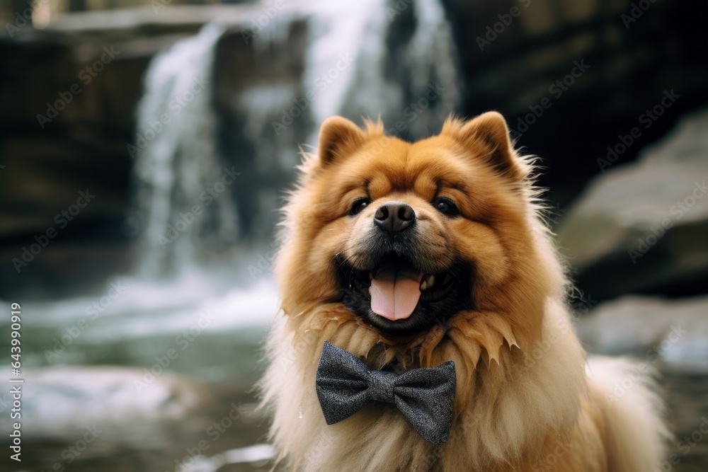 Medium shot portrait photography of a happy chow chow dog licking lips wearing a cute bow tie ...