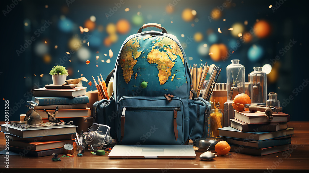 drawing computer graphics study table with school supplies, complex ...