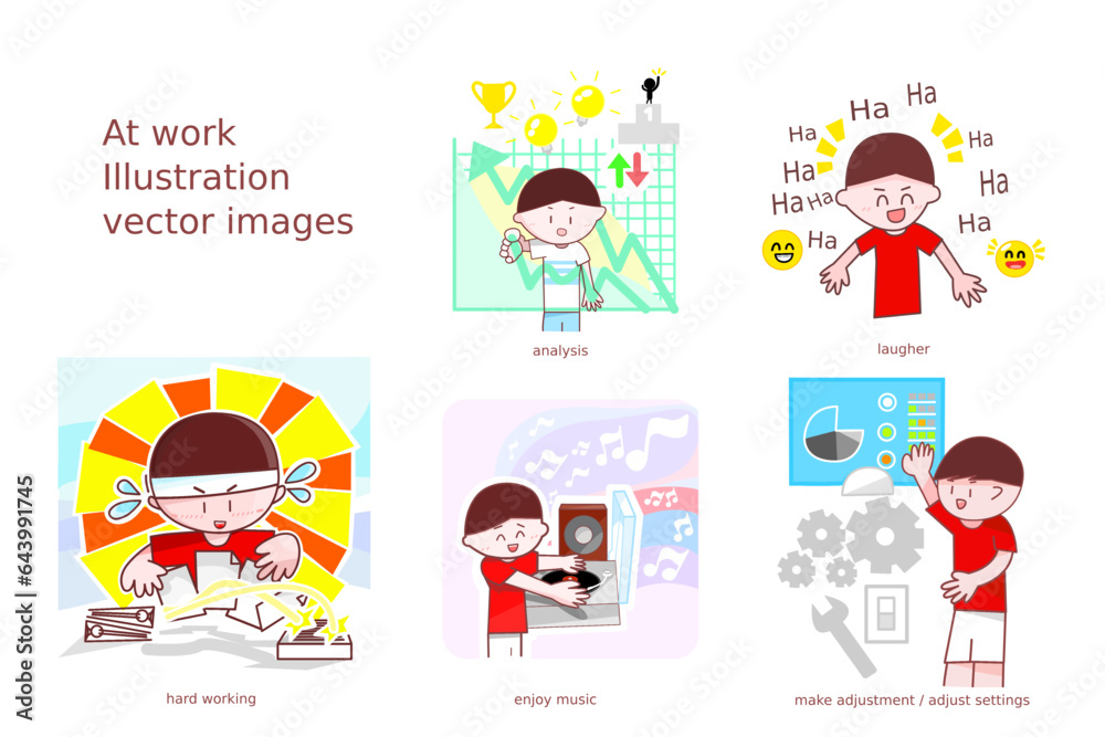 Handsome guy at work in various actions. Cartoon illustration at work ...