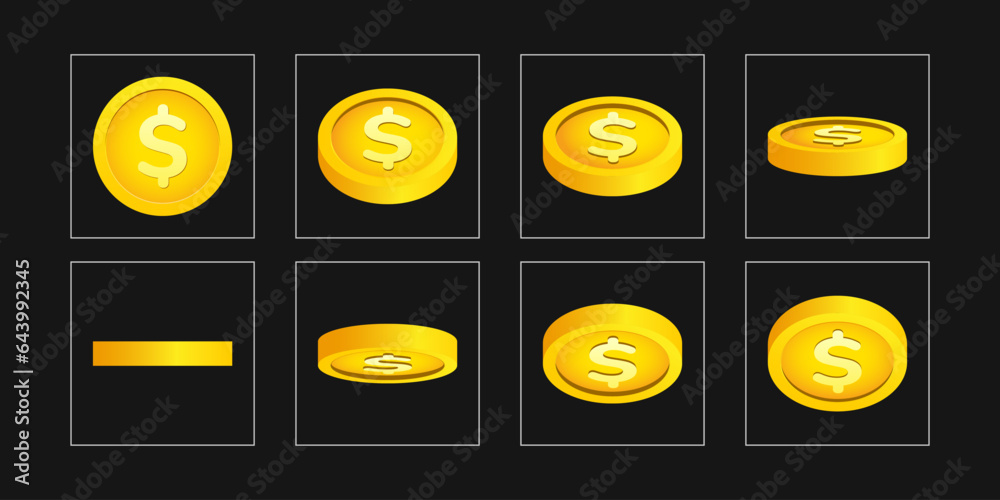 Gold coin with dollar sign animation. Gold coins rotating effect. 2d ...