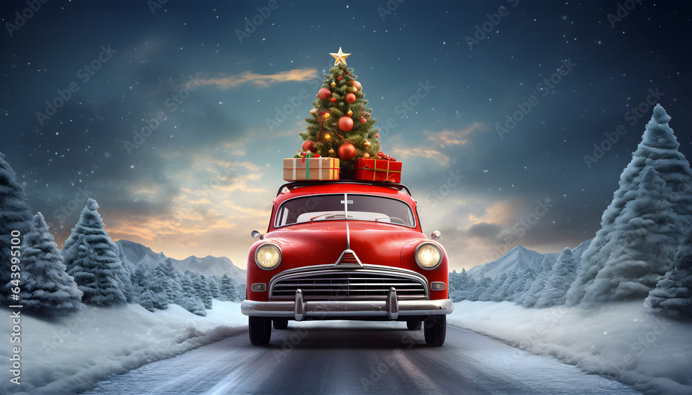 Red car carrying a Christmas tree on the roof in a snowy. Generative AI ...