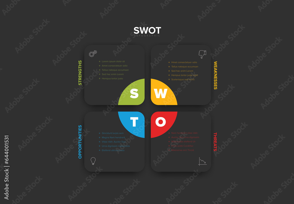 Dark squares SWOT diagram schema template with color accent Stock ...