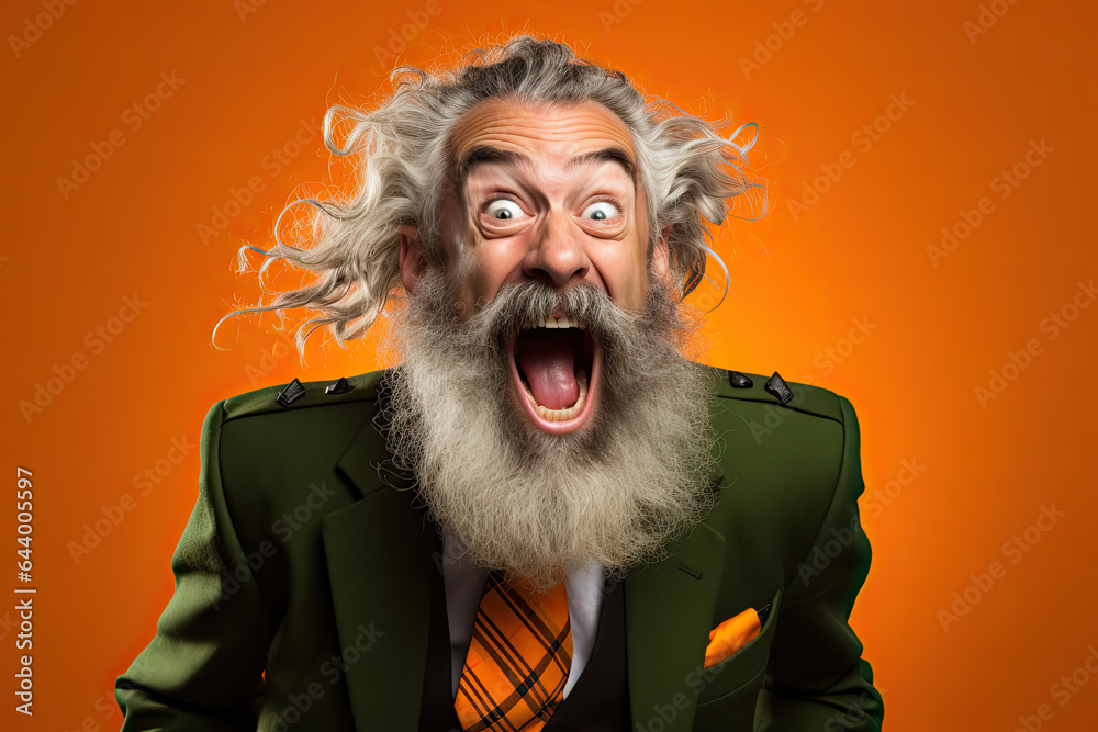 An angry elderly Scottish man with windswept hair and a long white ...