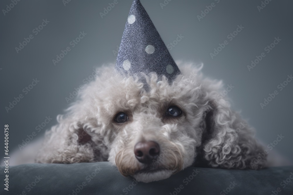 Lifestyle portrait photography of a curious poodle napping wearing a ...