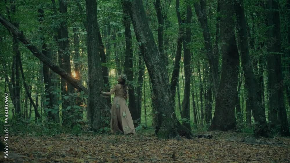 Attractive Dryad Or Forest Fairy In Flower Wreath Conjuring In Forest ...