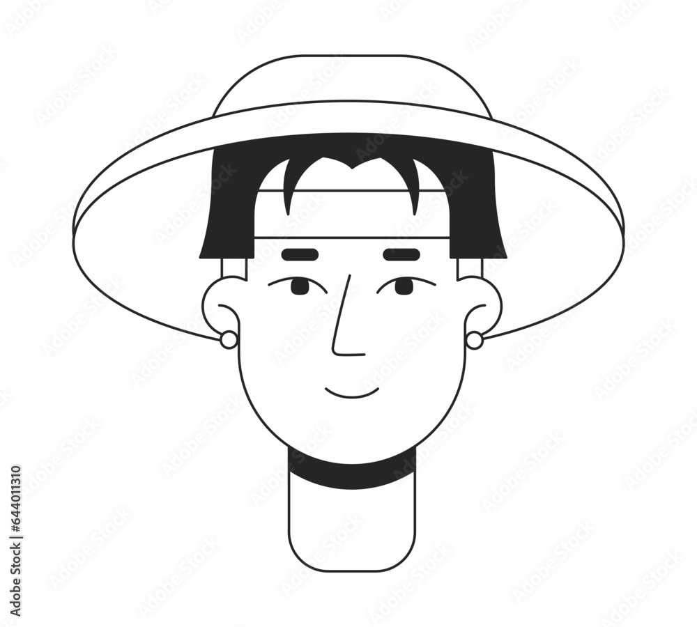Excited asian man smiling monochrome flat linear character head ...
