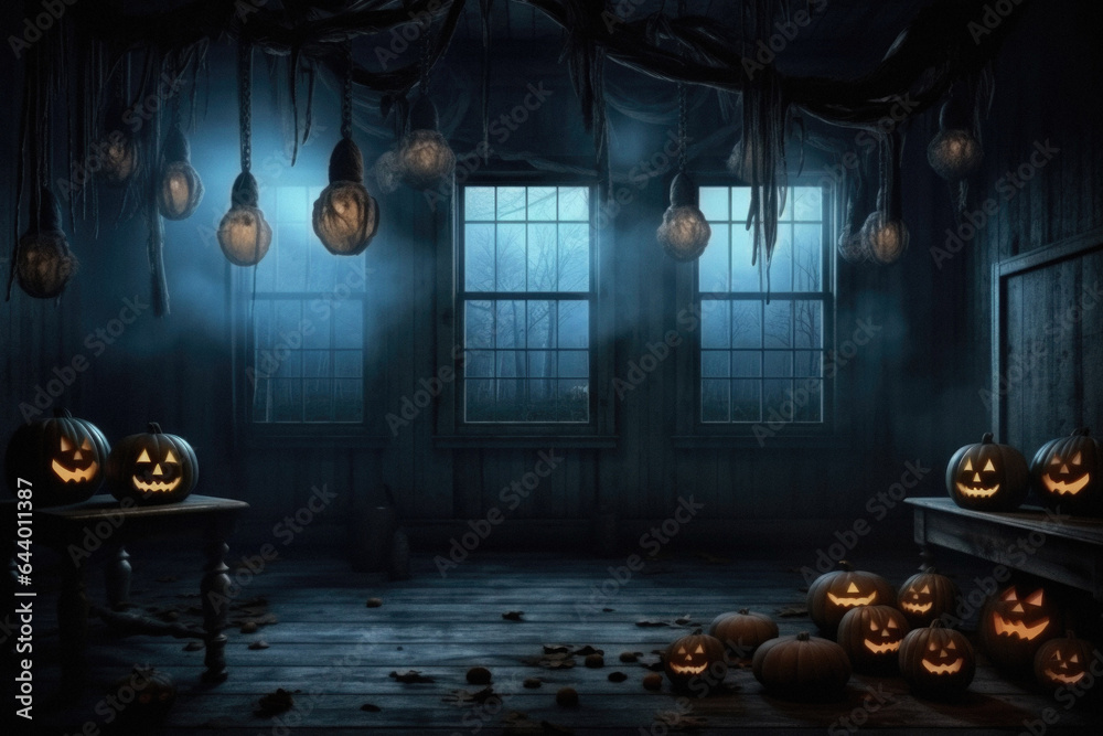 Halloween spooky background, scary pumpkins with smoke in old big ...