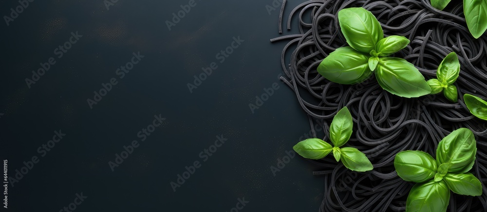 Black squid ink spaghetti pasta with basil on a isolated pastel ...