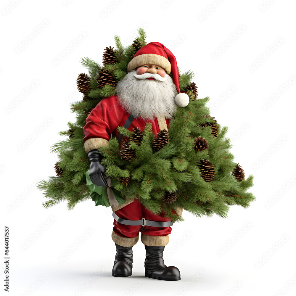 un père noël en train de porter un sapin de noël sur fond blanc Stock ...