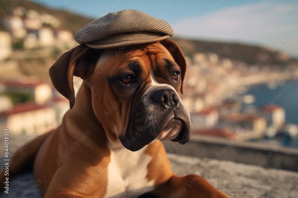 Close-up portrait photography of a cute boxer dog lying down wearing a ...