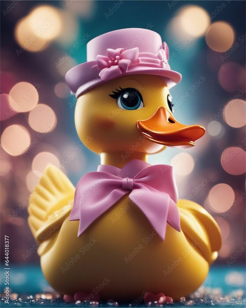 cute yellow duck in barbie style, duck in pink hat and bow tie Stock ...